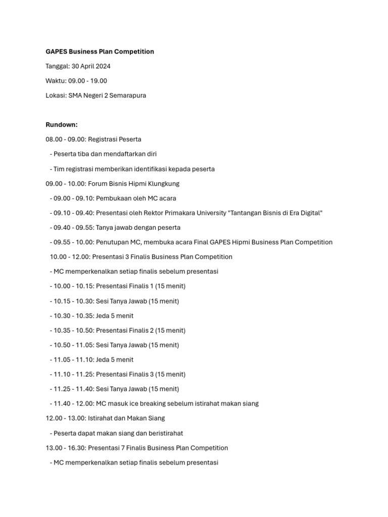 Rundown Business Plan Competition | PDF