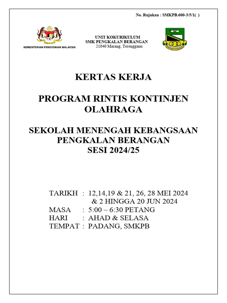 Kertas Kerja Program Rintis Kontinjen Olahraga Smkpb 2024 | PDF