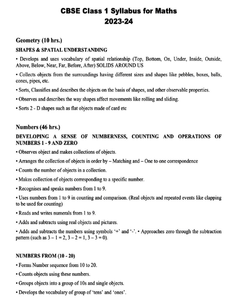 Maths Class 1 CBSE | PDF
