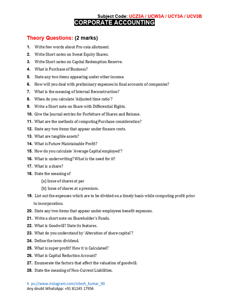 Corporate Accounting Imp Questions | PDF | Equity (Finance) | Balance Sheet