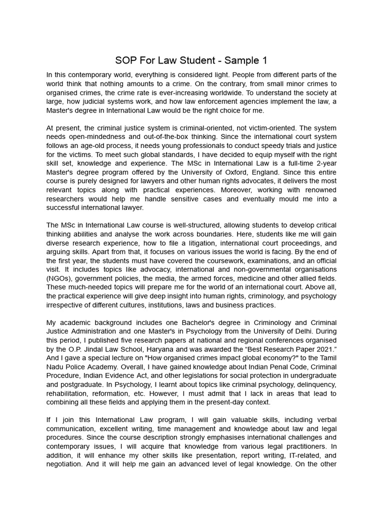 Sample Sop For Law Student D229aa788f | PDF | Knowledge | Crime & Violence