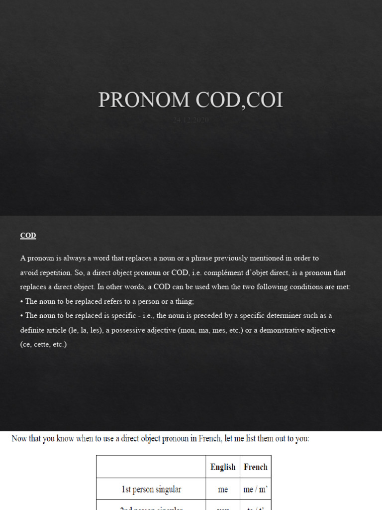 PRONOM COD,COI,EN,Y | PDF | Noun | Grammatical Gender