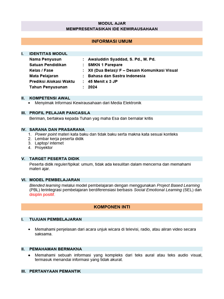 Contoh Modul Ajar | PDF
