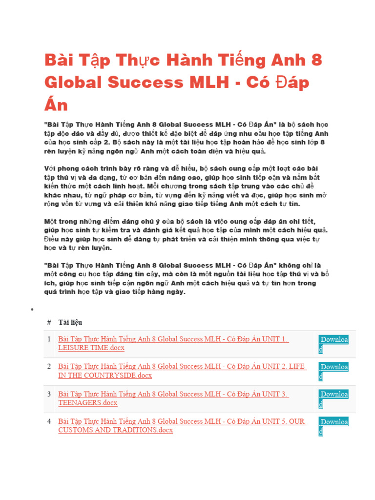 Bài Tập Thực Hành Tiếng Anh 8 Global Success MLH - Có Đáp Án | PDF