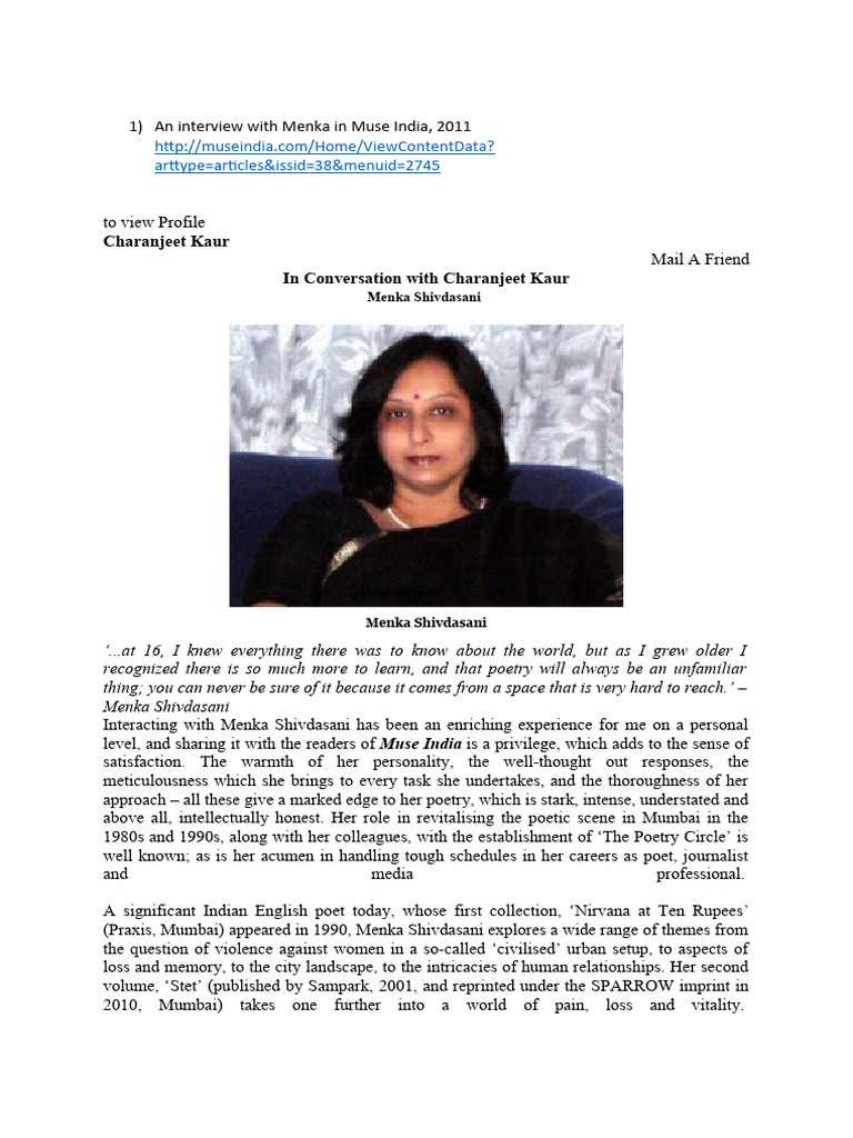 A 2011 Interview With Menka Shivdasani in Muse India | PDF | Poetry ...