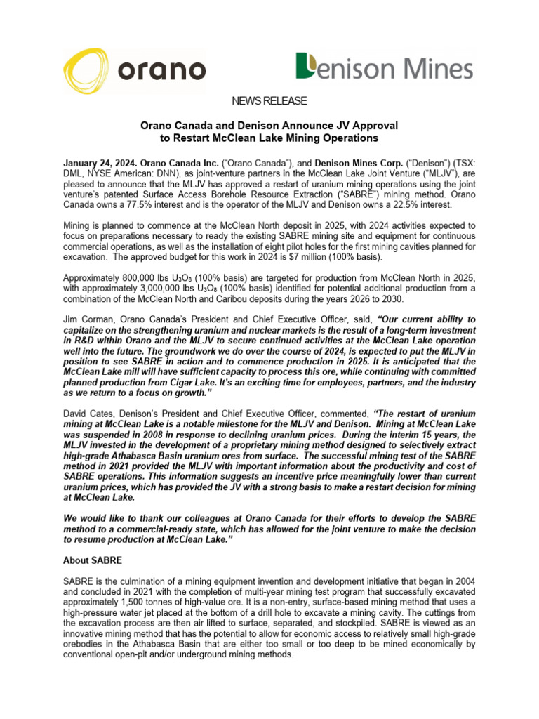 2024.01.24 Restart McLeanLake Orano+denison 2025-2030 | PDF | Mining ...