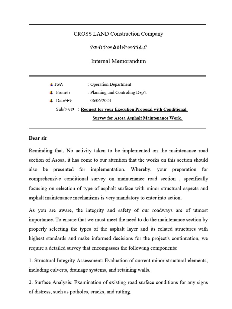 Letter To Request Condtional Survey On Maintenance Road | PDF | Road ...