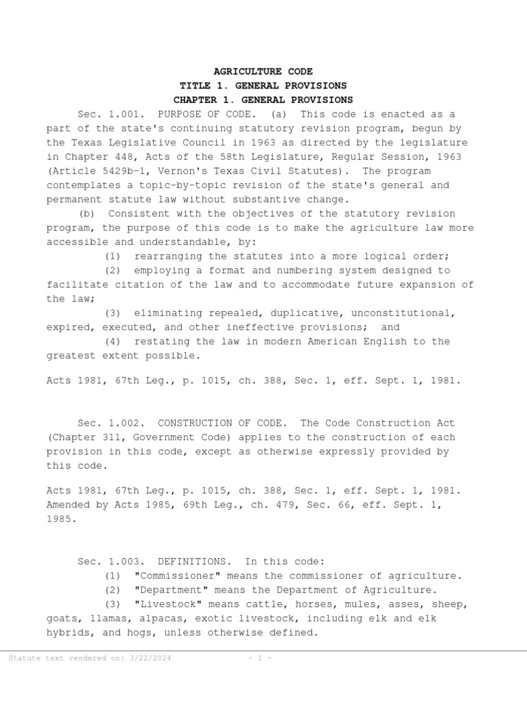 Texas Agriculture Code | PDF | Agriculture | Cotton
