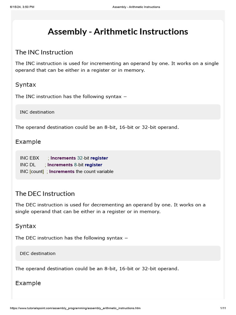 Assembly - Arithmetic Instructions | PDF | Division (Mathematics ...