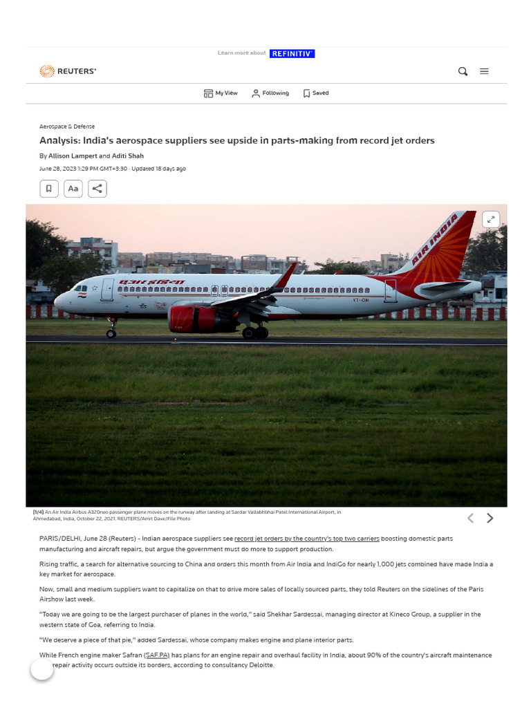 Analysis - India's Aerospace Suppliers See Upside in Parts-Making From Record Jet Orders ...