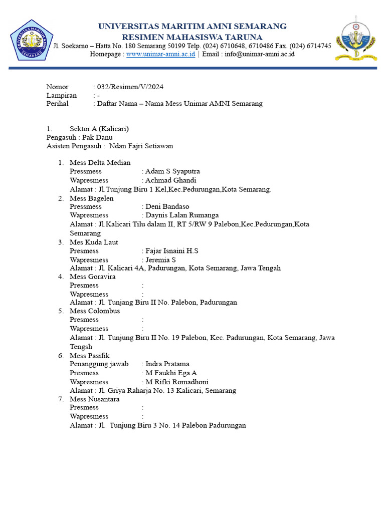 Daftar Mess Universitas Maritim AMNI | PDF | Griya & Taman