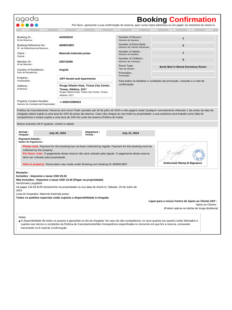 Confirmation For Booking ID # 442029219 | PDF