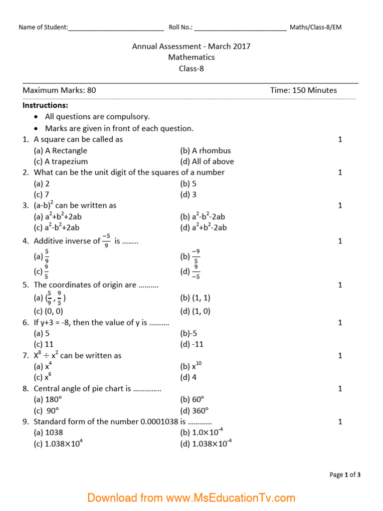 HBSE Class 8 Maths Question Paper 2017 | PDF | Mathematics | Elementary ...