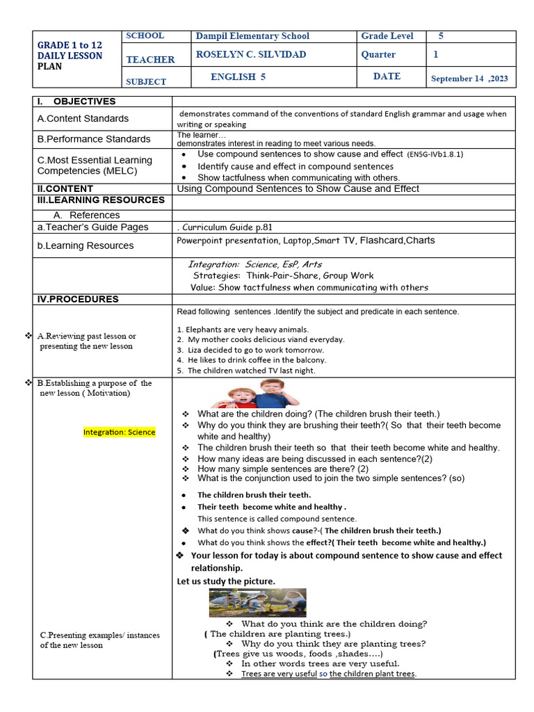 Grade 5 English Lesson Plan: Cause and Effect | PDF | Learning