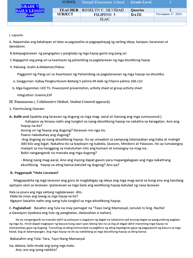 Lesson Plan 2nd Quarter SLAC ANTAS NG PANG URI | PDF