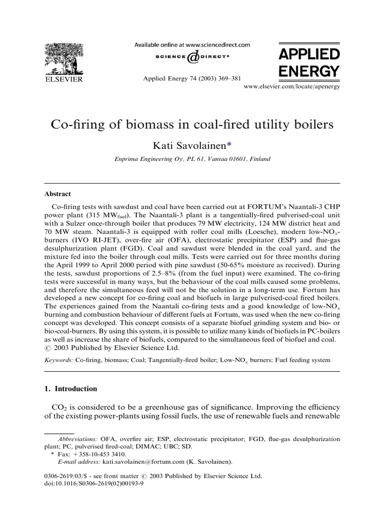 Co-Firing of Biomass in Coal Fired Utility Boiler-2003-Kati Savolainen | PDF | Coal | Fossil ...