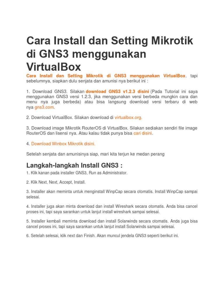 Cara Install Dan Setting Mikrotik Di GNS3 Menggunakan VirtualBox | PDF