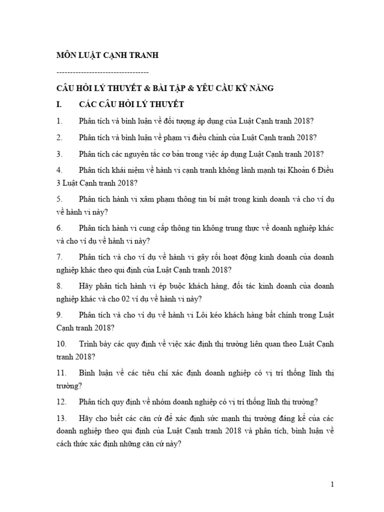 Câu Hỏi Và Bài Tập Môn Luật Cạnh Tranh | PDF