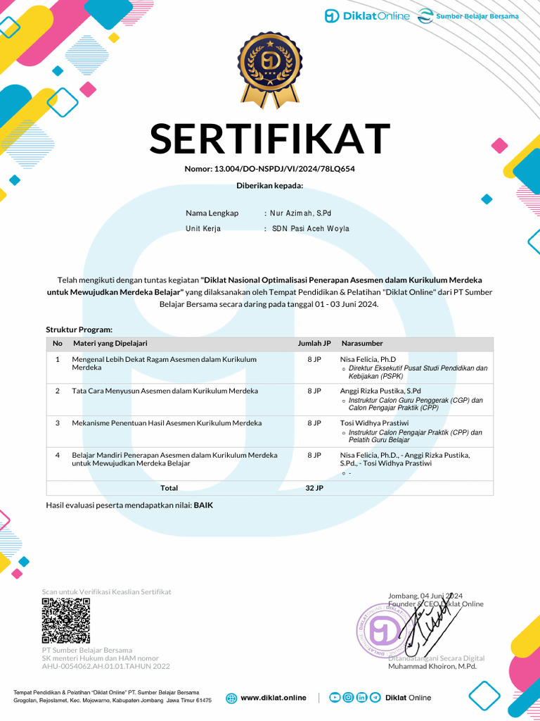 Sertifikat Online Nur Azimah | PDF
