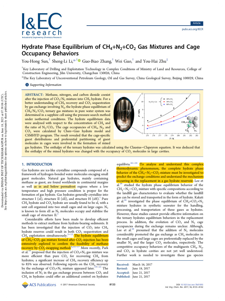 Hydrate Phase Equilibrium of CH4+N2+CO2 Gas Mixtures and Cage Occupancy - SUN ET AL | PDF ...