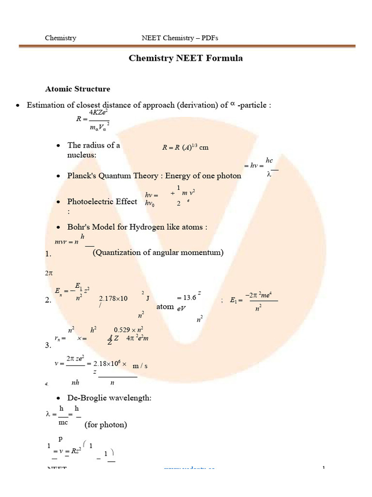 Important Chemistry Formulas For NEET - Download PDF | PDF | Chemical ...