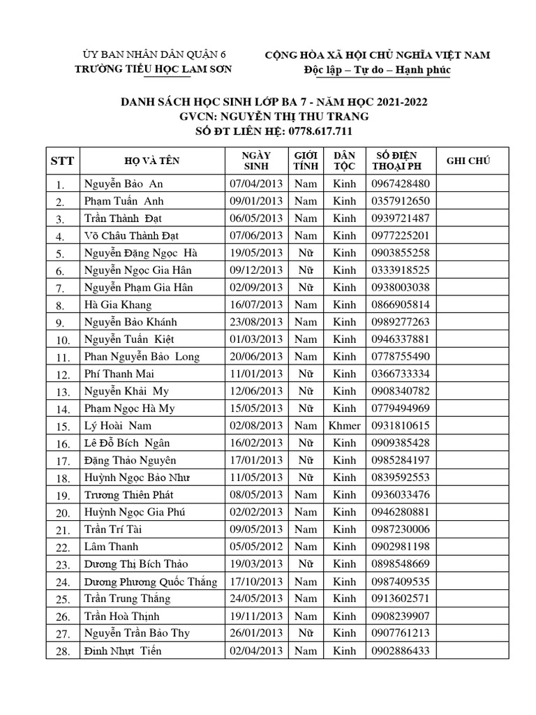 Danh Sach Hoc Sinh Lop Ba 7 - 192021145234 | PDF