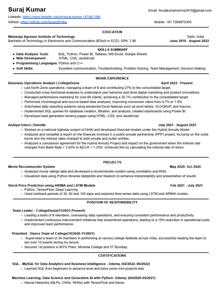 Suraj K Resume Da Pdf Microsoft Excel Information Technology 