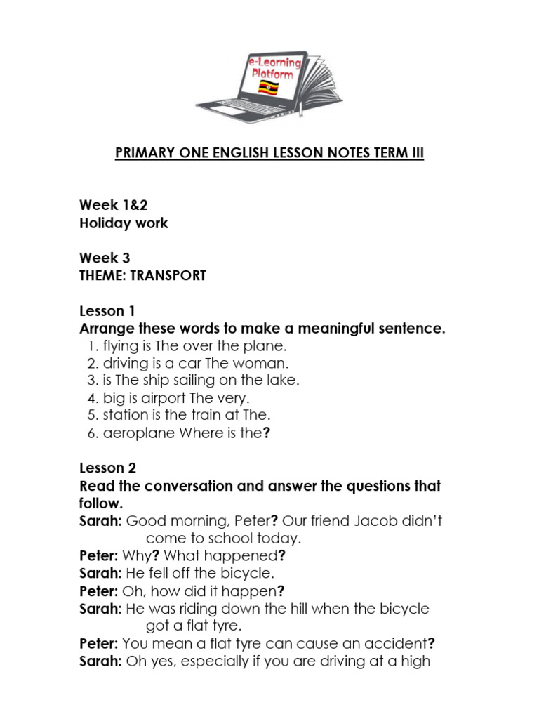 P.1 English and Comprehension Notes Term 3 2016 | PDF | Transport | Rope
