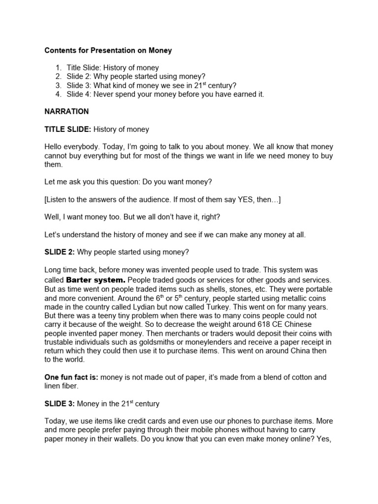 Contents For Presentation On Money | PDF | Money | Service Industries