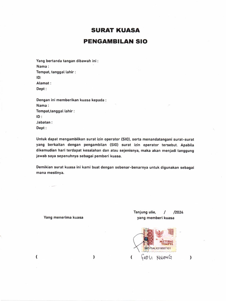 Surat Kuasa Pengambilan SIO | PDF