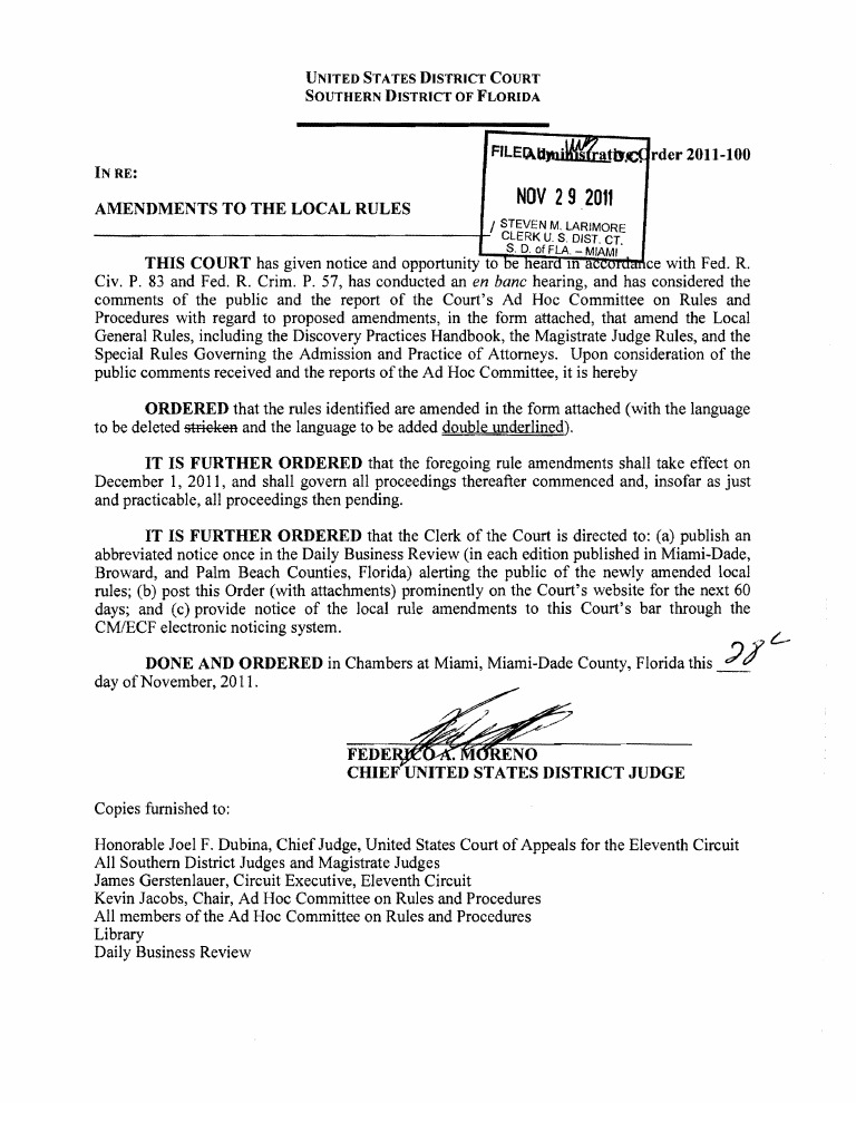 Southern District of Florida Order Amending Local Rules 2011-100 | PDF ...