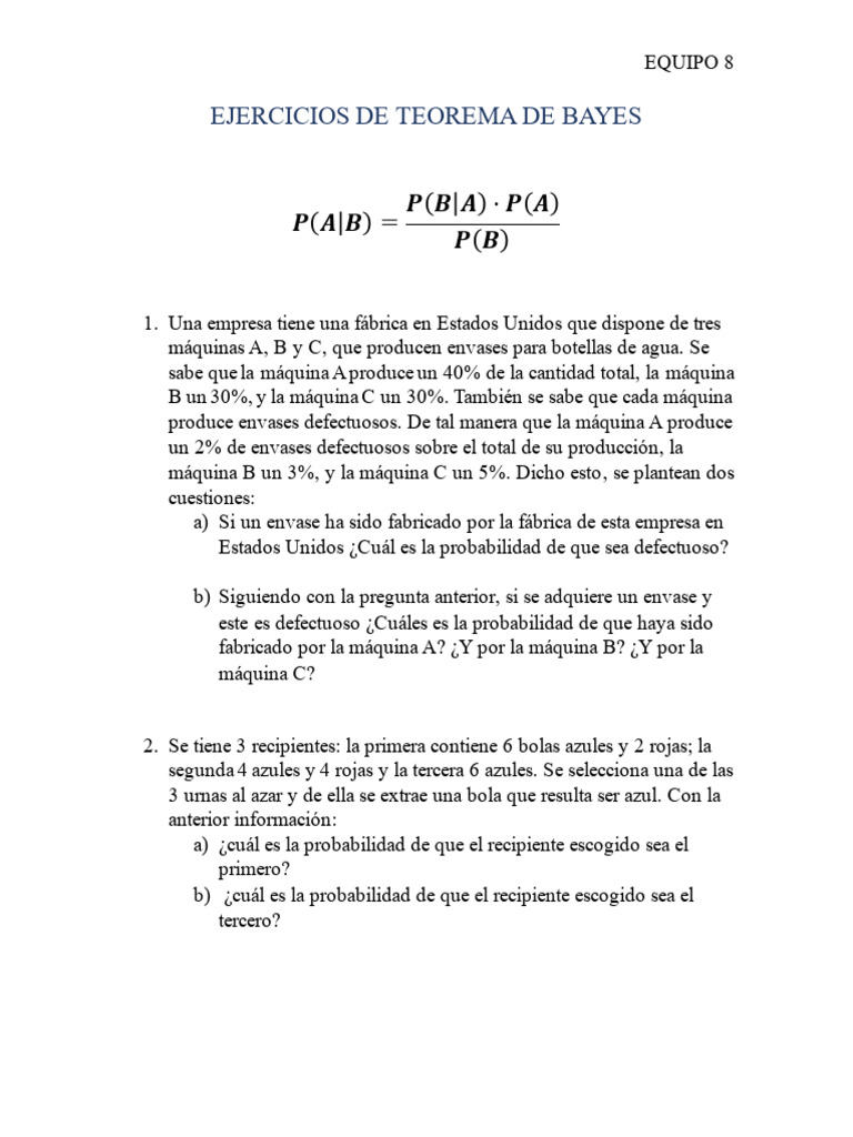 EJERCICIOS DE TEOREMA DE BAYES | Descargar gratis PDF | Probabilidad
