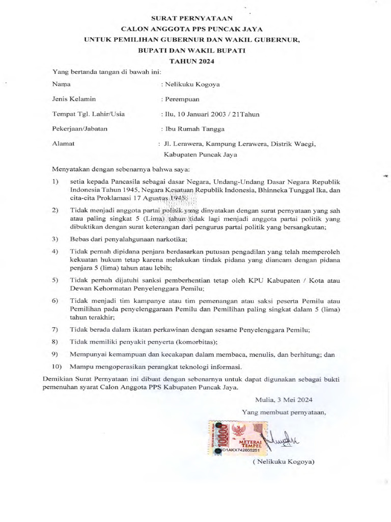 Surat Pernyataan Calon Anggota PPS Puncak Jaya Untuk Pemilihan Gubernur ...