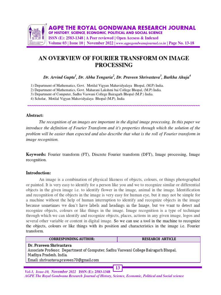 An Overview of Fourier Transform On Image Processing: Agpe The Royal Gondwana Research Journal ...