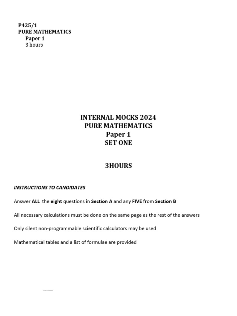 Internal Mock MTC1 Set1 - 2024 | PDF | Mathematics | Mathematical Objects