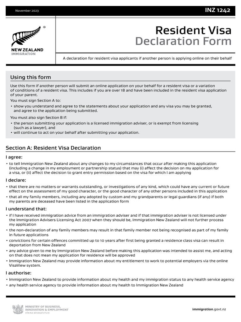 INZ 1242 Resident Visa Declaration Form | PDF | Travel Visa | Immigration