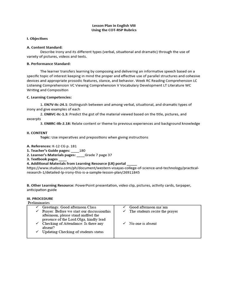 Detailed Lesson Plan in English VII | PDF | Reading Comprehension | Irony