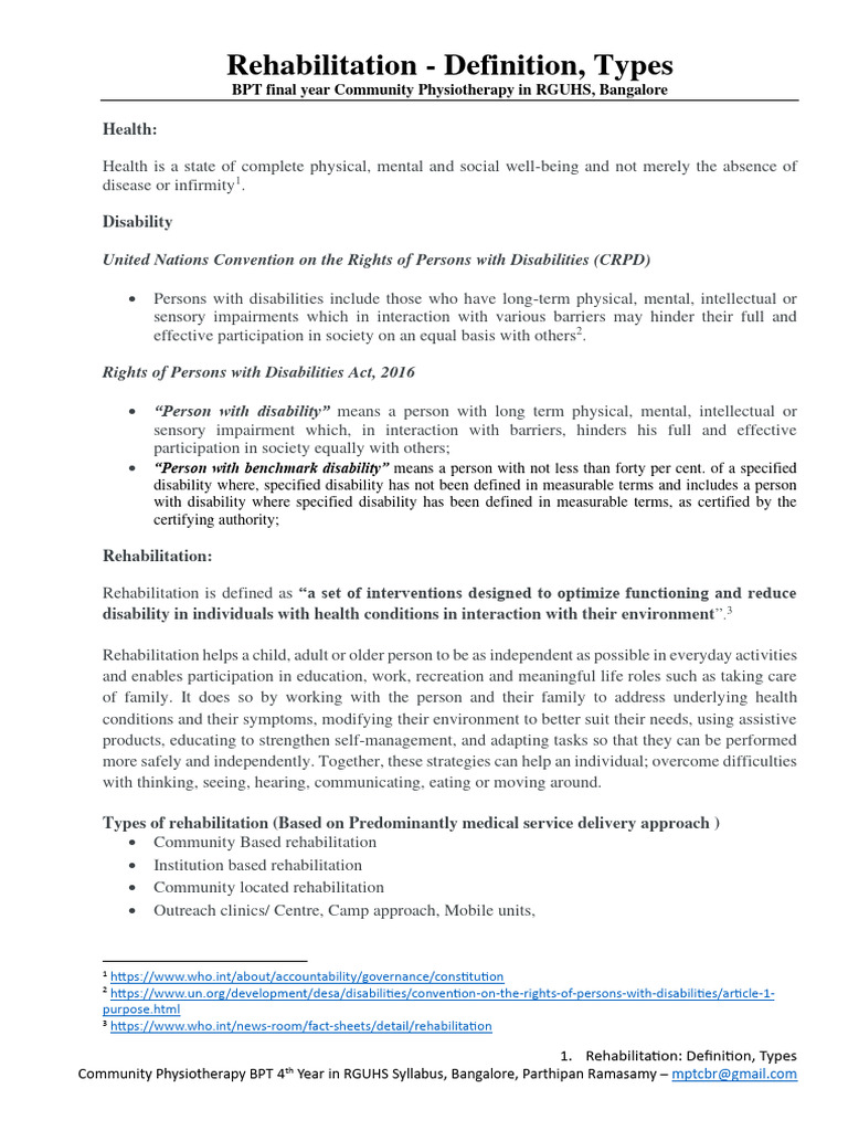 BPT CBR Rehabilitation - Definition, Types | PDF | Disability | Physical Therapy