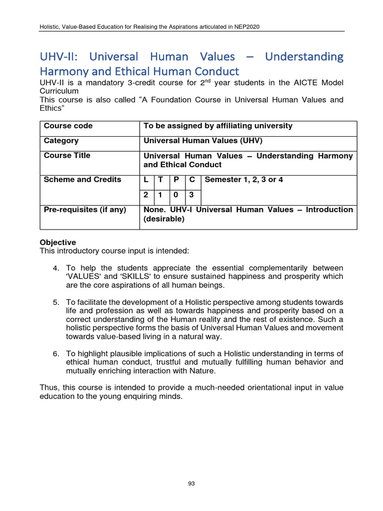 UHV II Syllabus | PDF | Intention | Senses