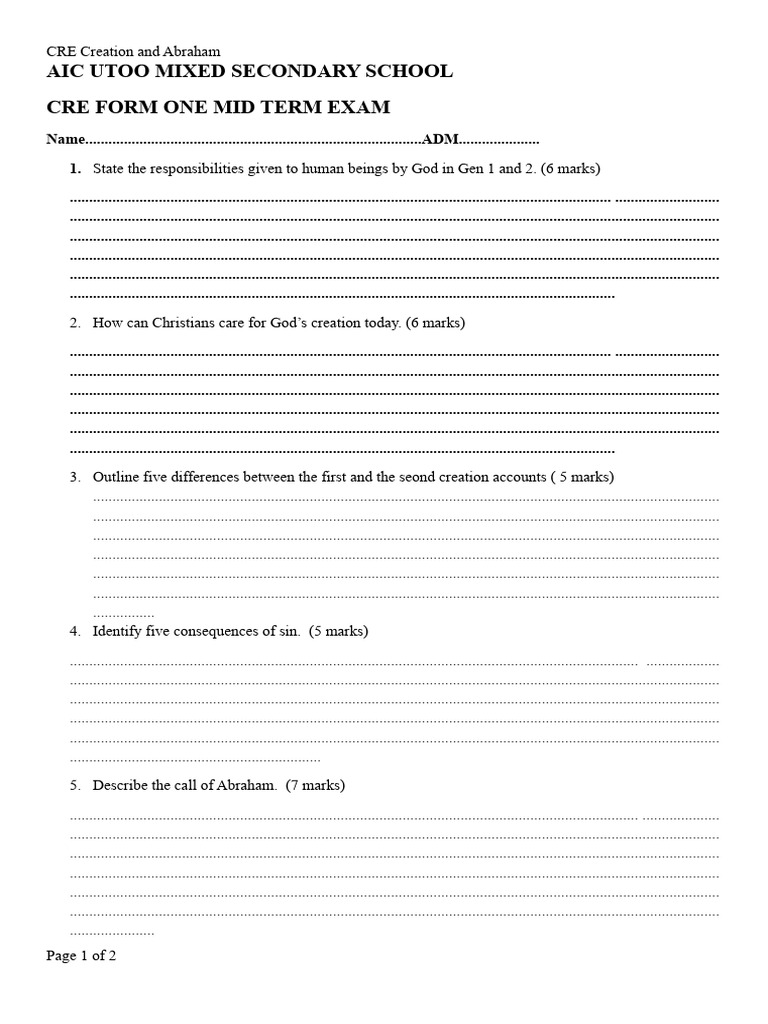 Cre form one | PDF | Book Of Genesis | Covenant (Biblical)