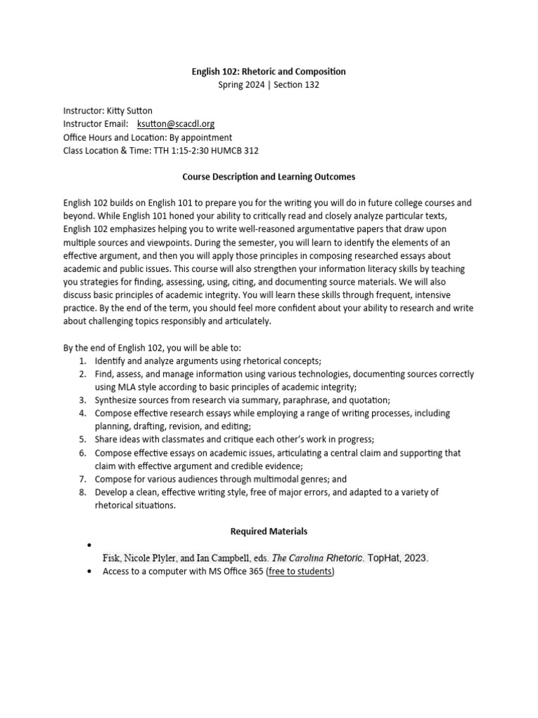 ENG102.132 TTH 1.15 English 102 Spring 2024 Course Policies and Schedule | PDF | Essays | Writing