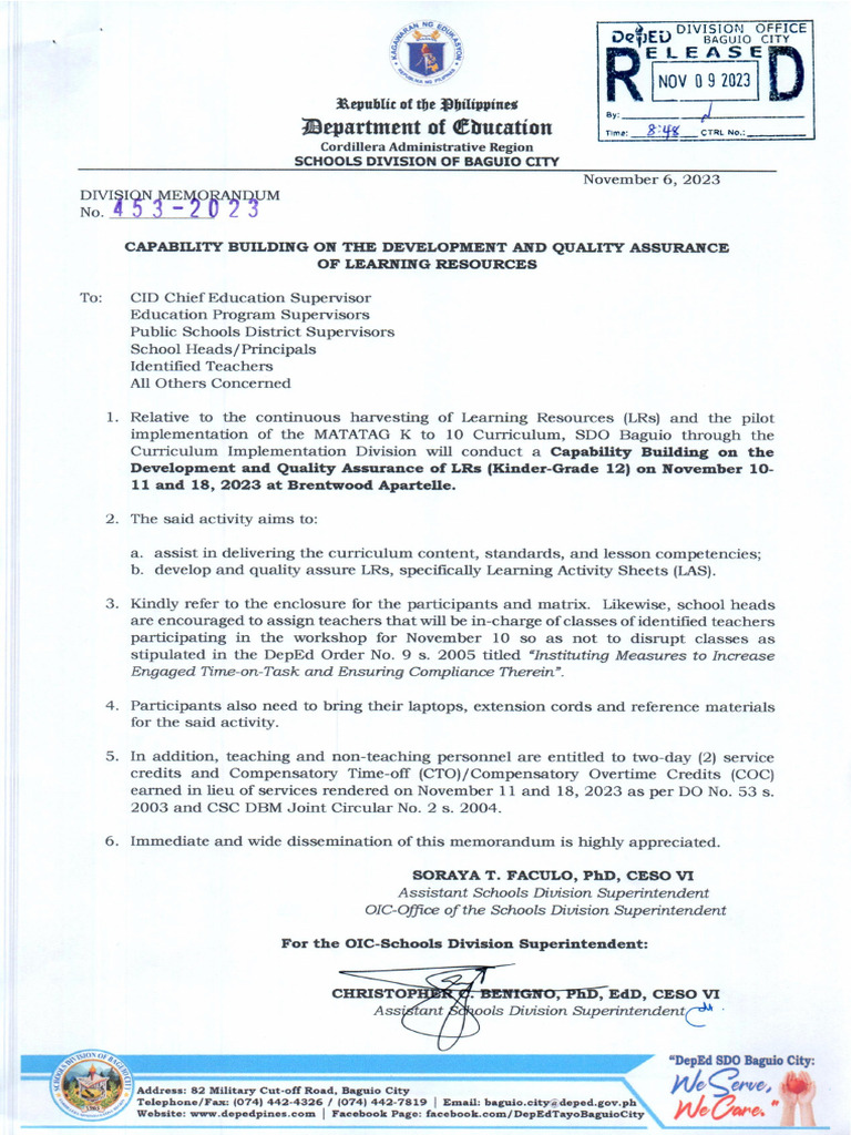 Division Memo No. 453 S. 2023 Capability Building On The Development and Quality Assurance of ...