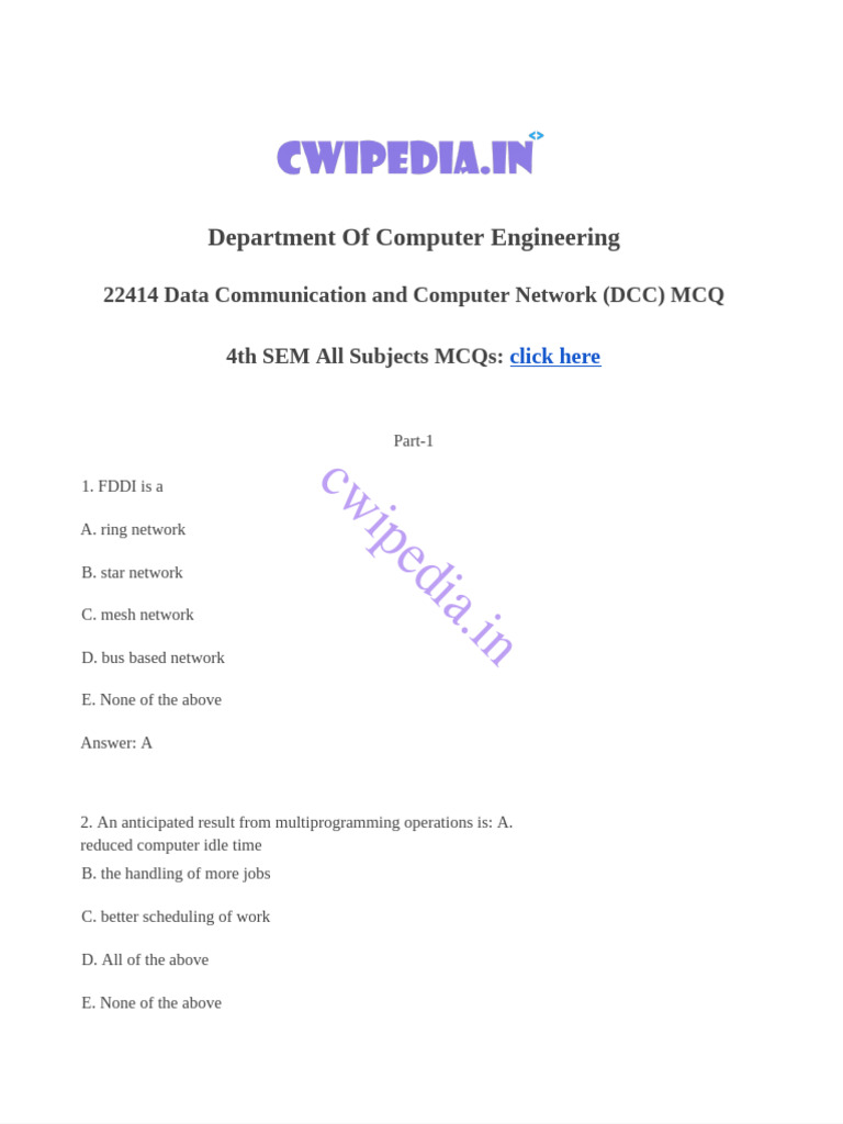 22414-DCC-MCQs-101 Computer Network | PDF | Computer Standards | Computer Network