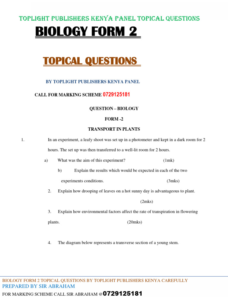 Topical Questions Form 2- Biology (by Toplight Bublishers Kenya ...