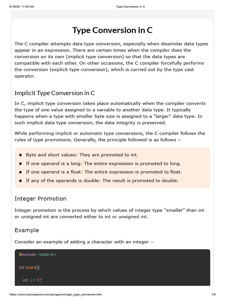 Type Conversion in C | Download Free PDF | Data Type | Integer (Computer Science)