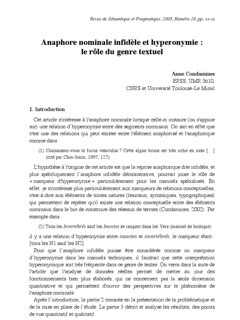 Anaphore infidèle et hyperonymie textuelle | PDF | Sémantique ...