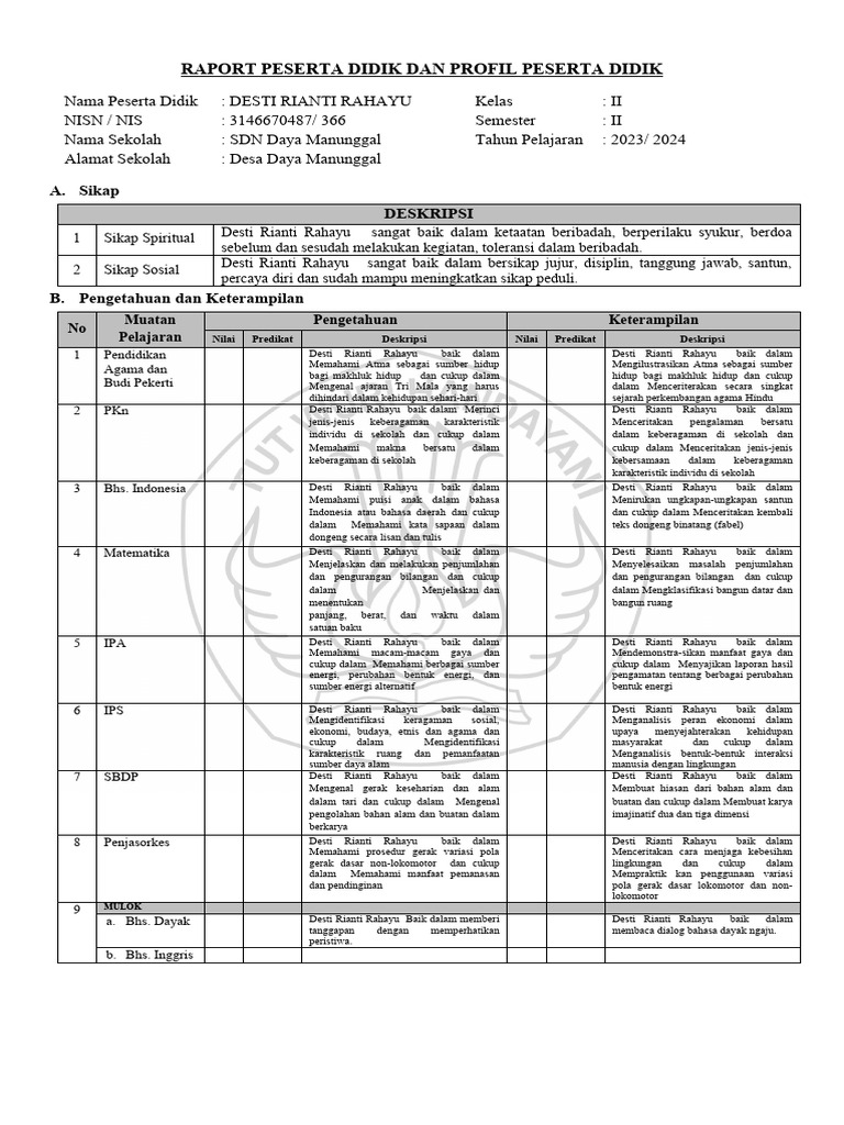 Raport Desti Rianti Kelas II SDN | PDF