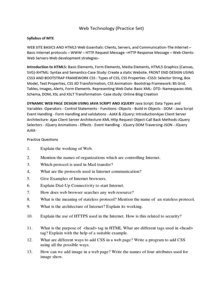 Web Technology Practice Set Guide | PDF | World Wide Web | Internet & Web