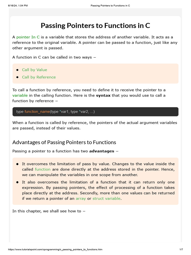 Passing Pointers To Functions in C | PDF | Pointer (Computer Programming) | Parameter (Computer ...