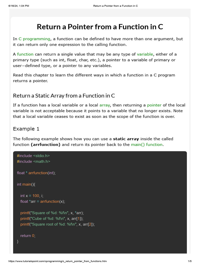 Return A Pointer From A Function in C | PDF | Pointer (Computer Programming) | Computer Engineering